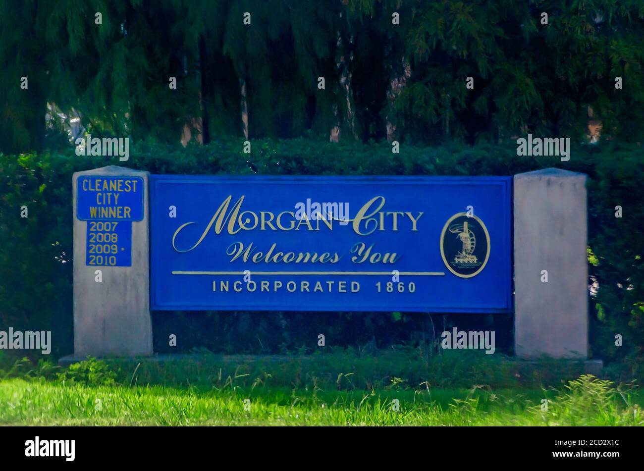 A welcome sign welcomes visitors to Morgan City, Aug. 25, 2020, in ...