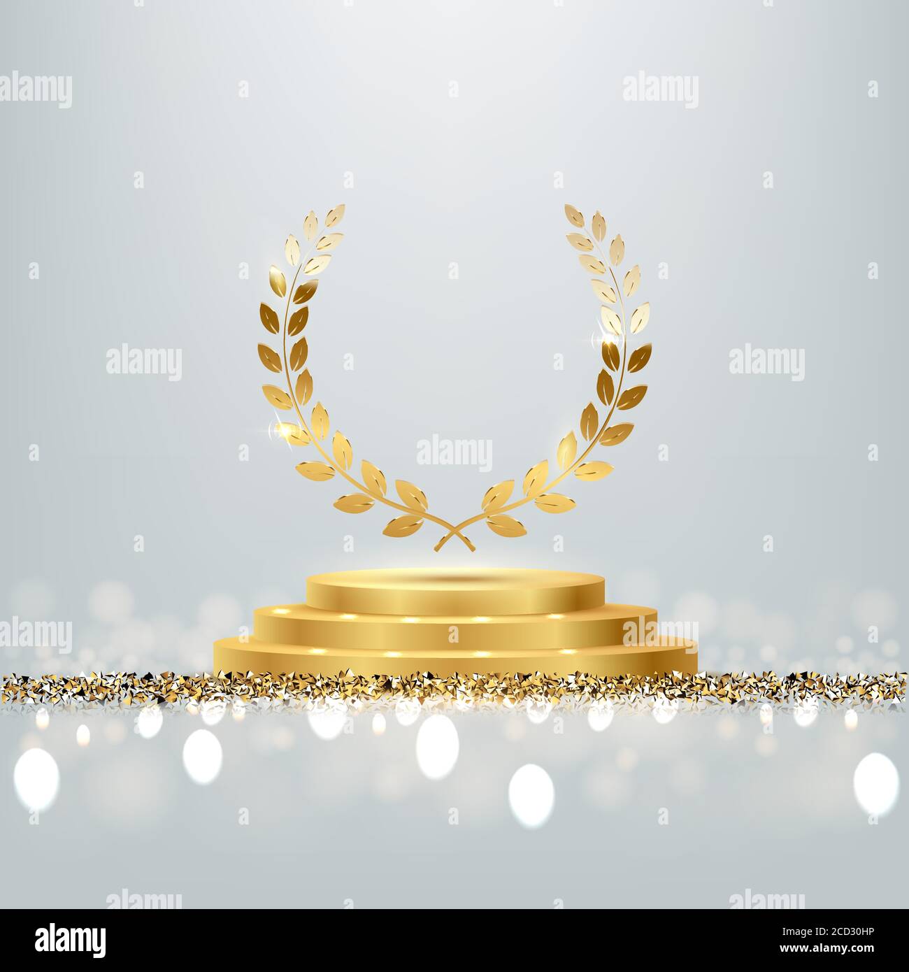 Golden award round podium with laurel wreath, shiny glitter and ...