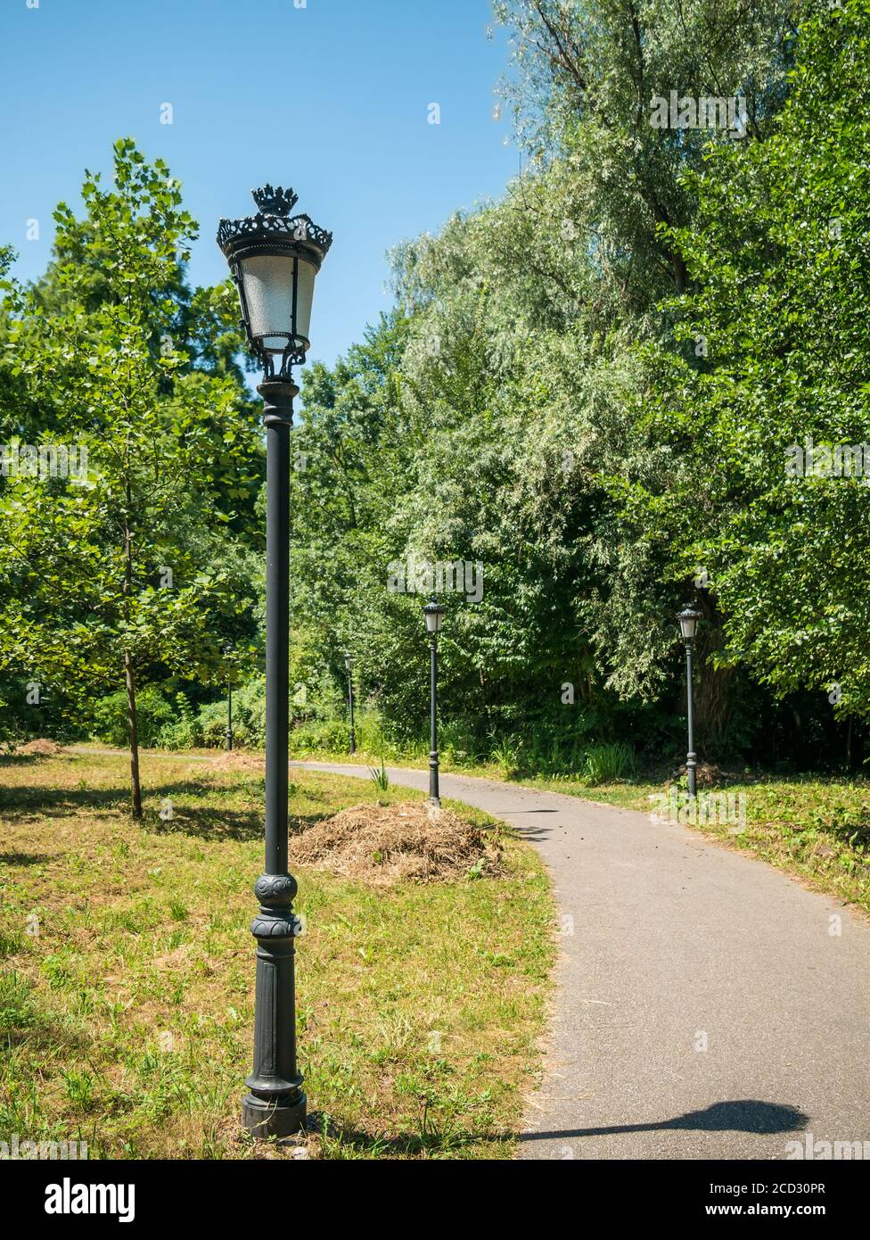 An empty alley or a footpath in the park with lamp posts on both sides ...