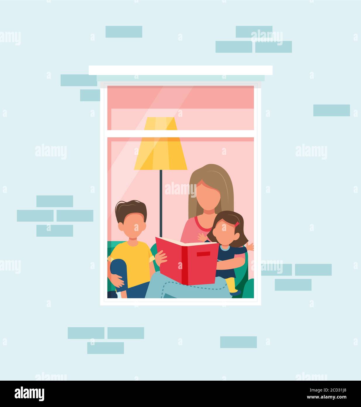 Stay home concept. Mother with kids reading a book. Social isolation ...