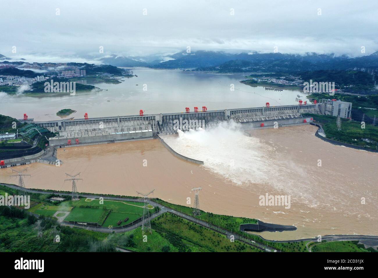 An aerial view of the Three Gorges Dam discharging water as the second ...