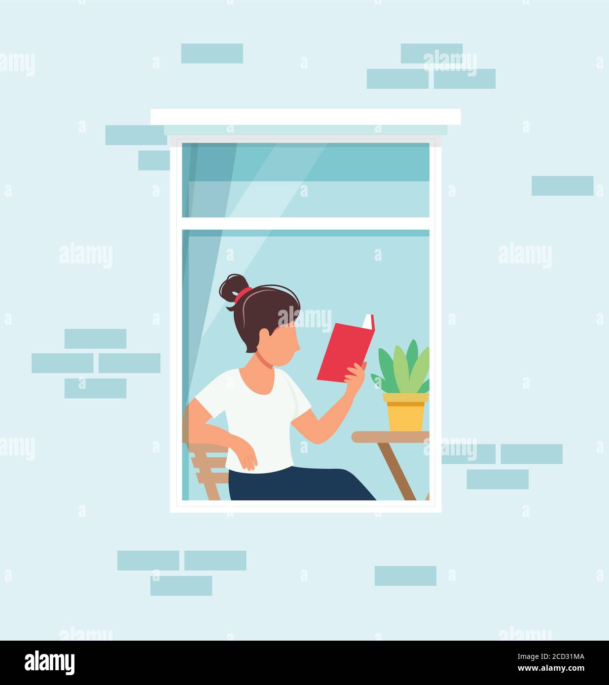 Stay home concept. Woman reading a book in the window. Social isolation ...