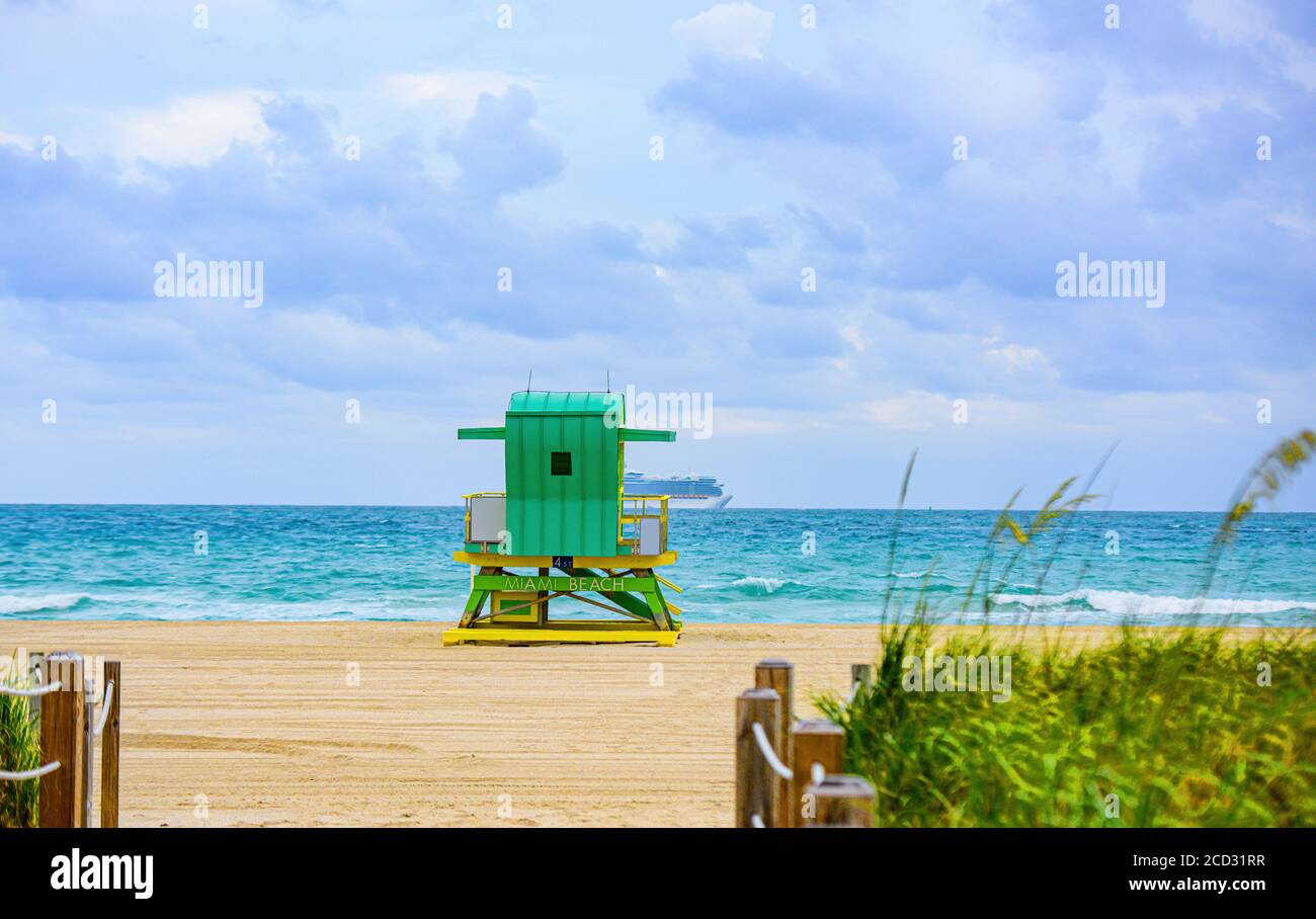 Miami South Beach skyline. Lifeguard tower in colorful Art Deco style ...