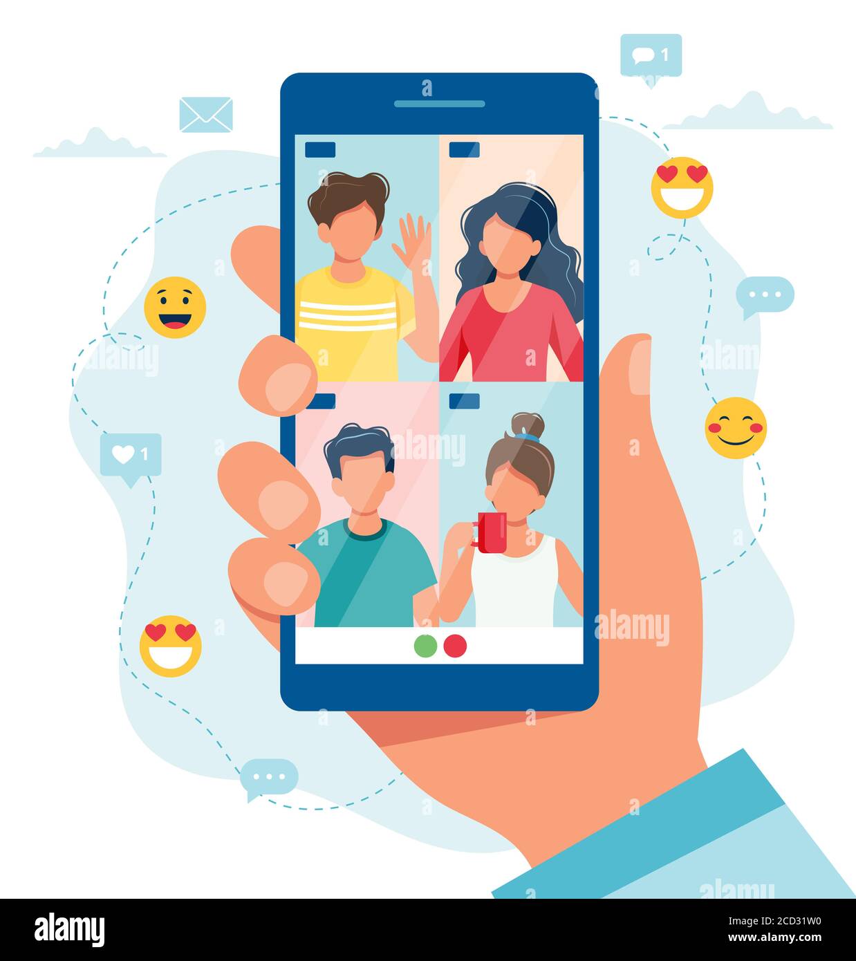 Group call with friends, video conference. Hand holding smartphone ...