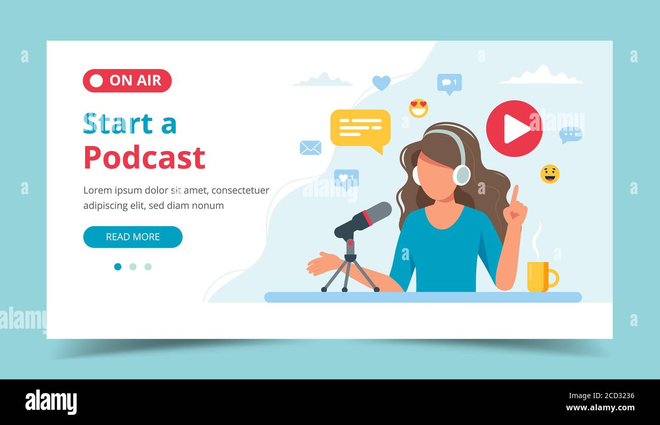 Female podcaster talking to microphone recording podcast in studio ...
