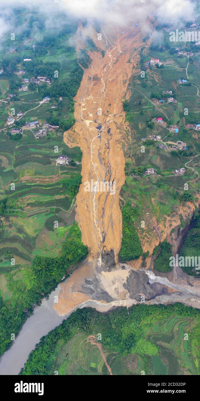 Aerial view of Qingjiang River turning into yellow due to landslide ...