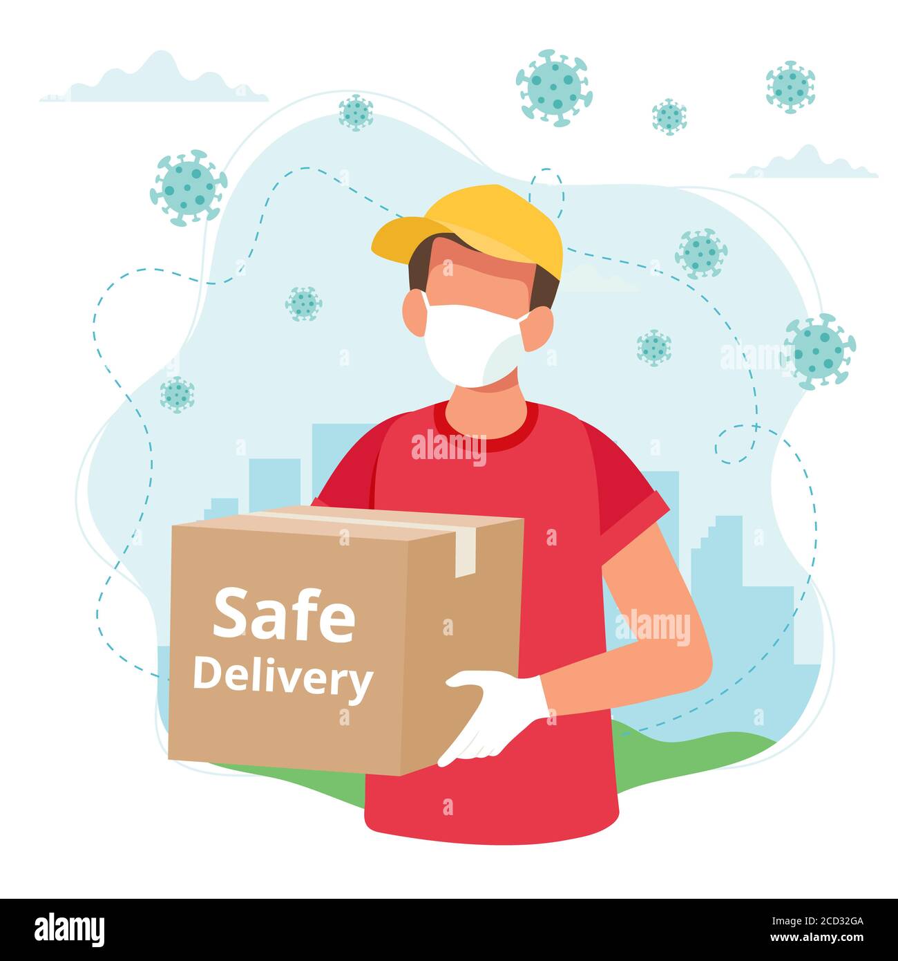 Safe delivery concept, delivery man with a box wearing mask ...