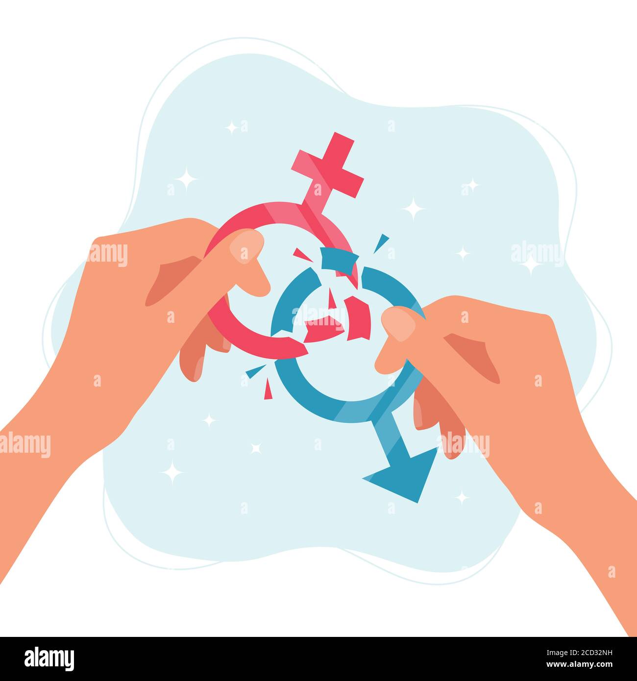 Gender norms concept. Hands holding gender symbols breaking in pieces ...