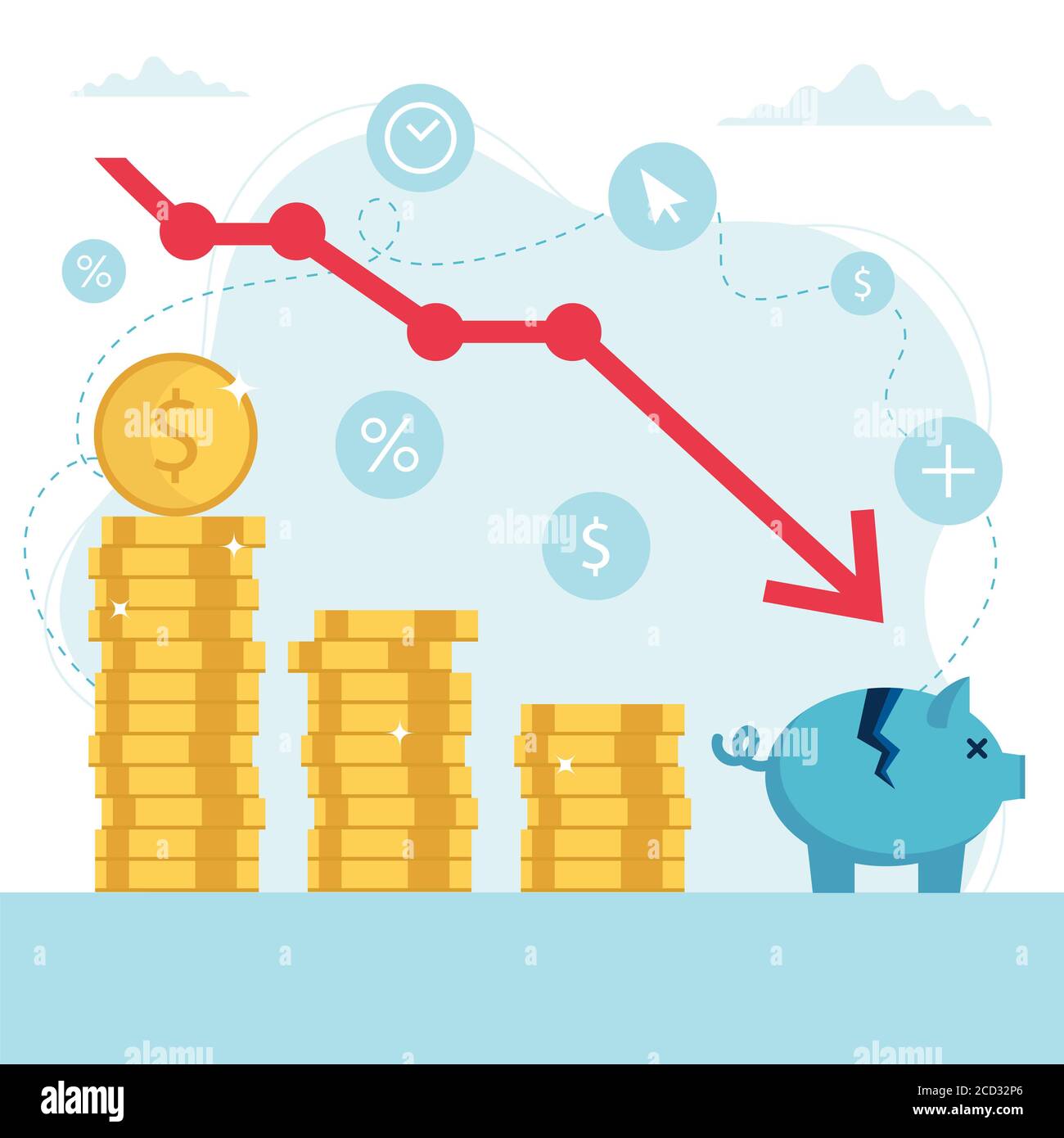 Economic crisis concept, stock market graph falling, money loss ...