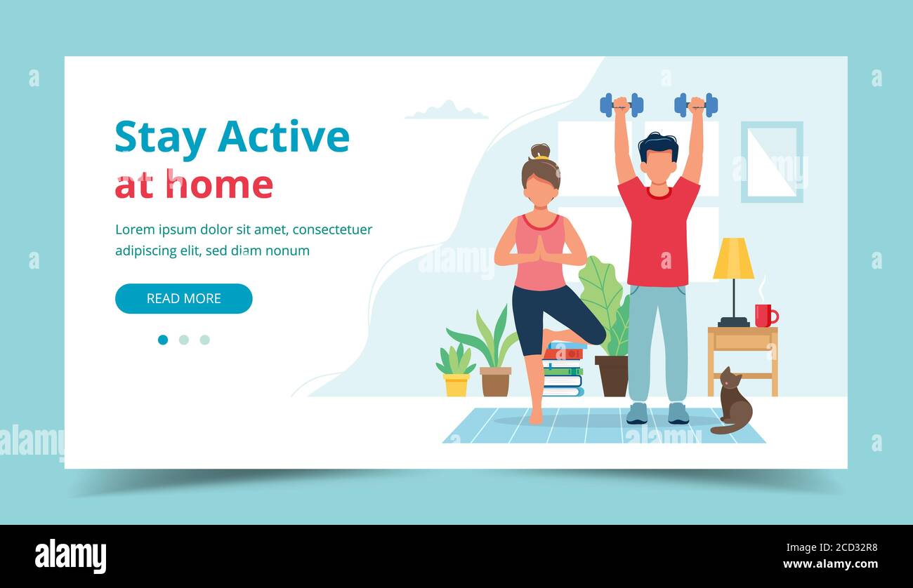 Stay active at home concept. People doing exercise in cozy modern interior. illustration in flat ...