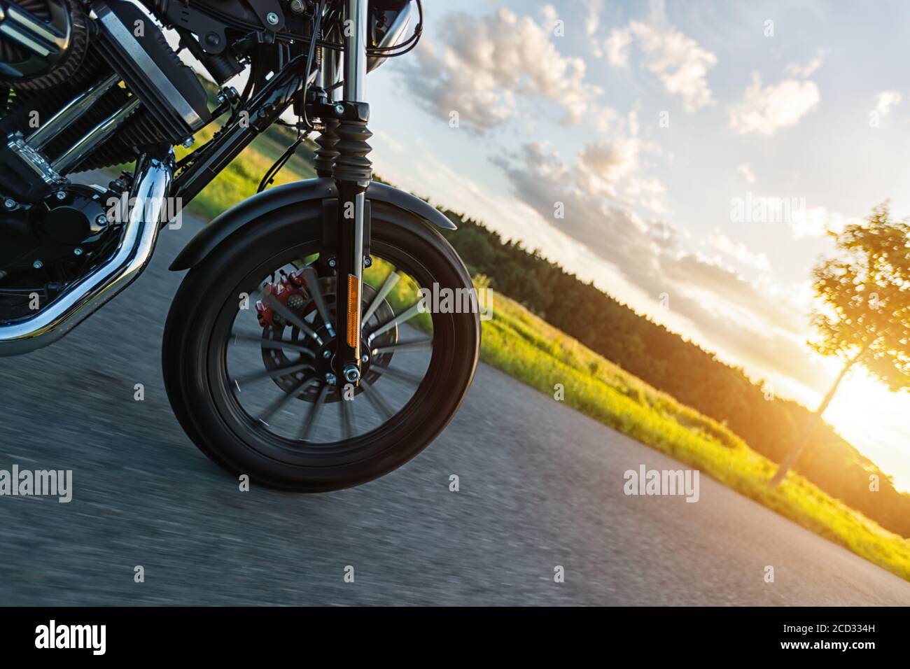 Detail of front wheel of high power motorbike in nature with beautiful ...