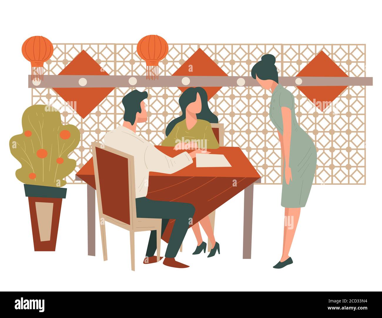 Couple eating at chinese restaurant, waiter taking order Stock Vector ...
