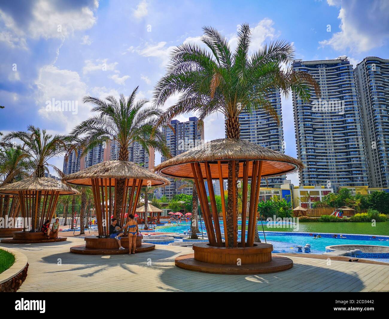 Aerial view of Sichuan's biggest outdoor swimming pool that is paved ...