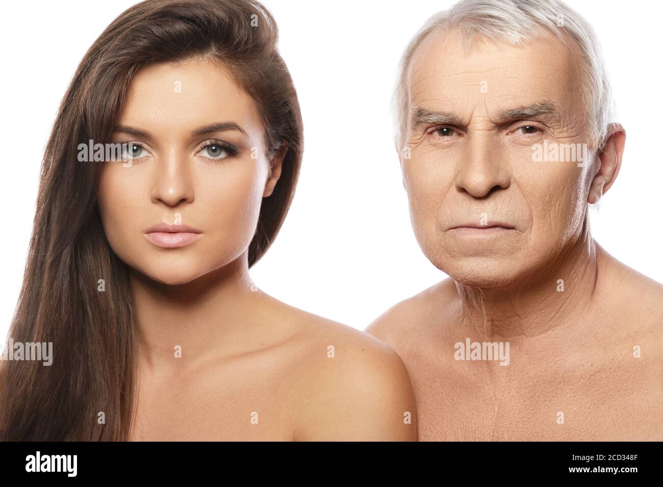 Elderly and very strict father and his beautiful daughter on white ...