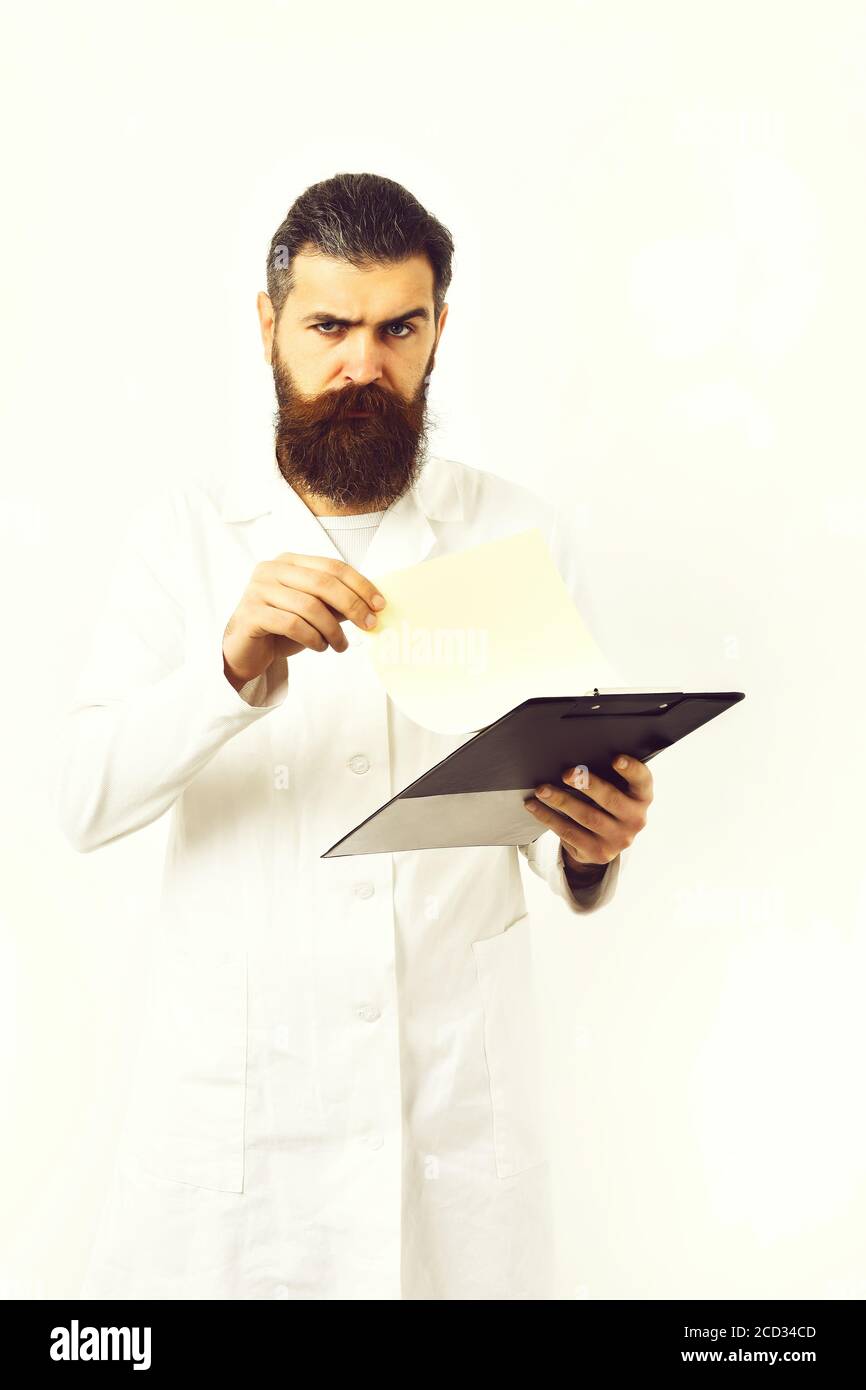 Bearded man, long beard. Brutal caucasian doctor or unshaven hipster ...