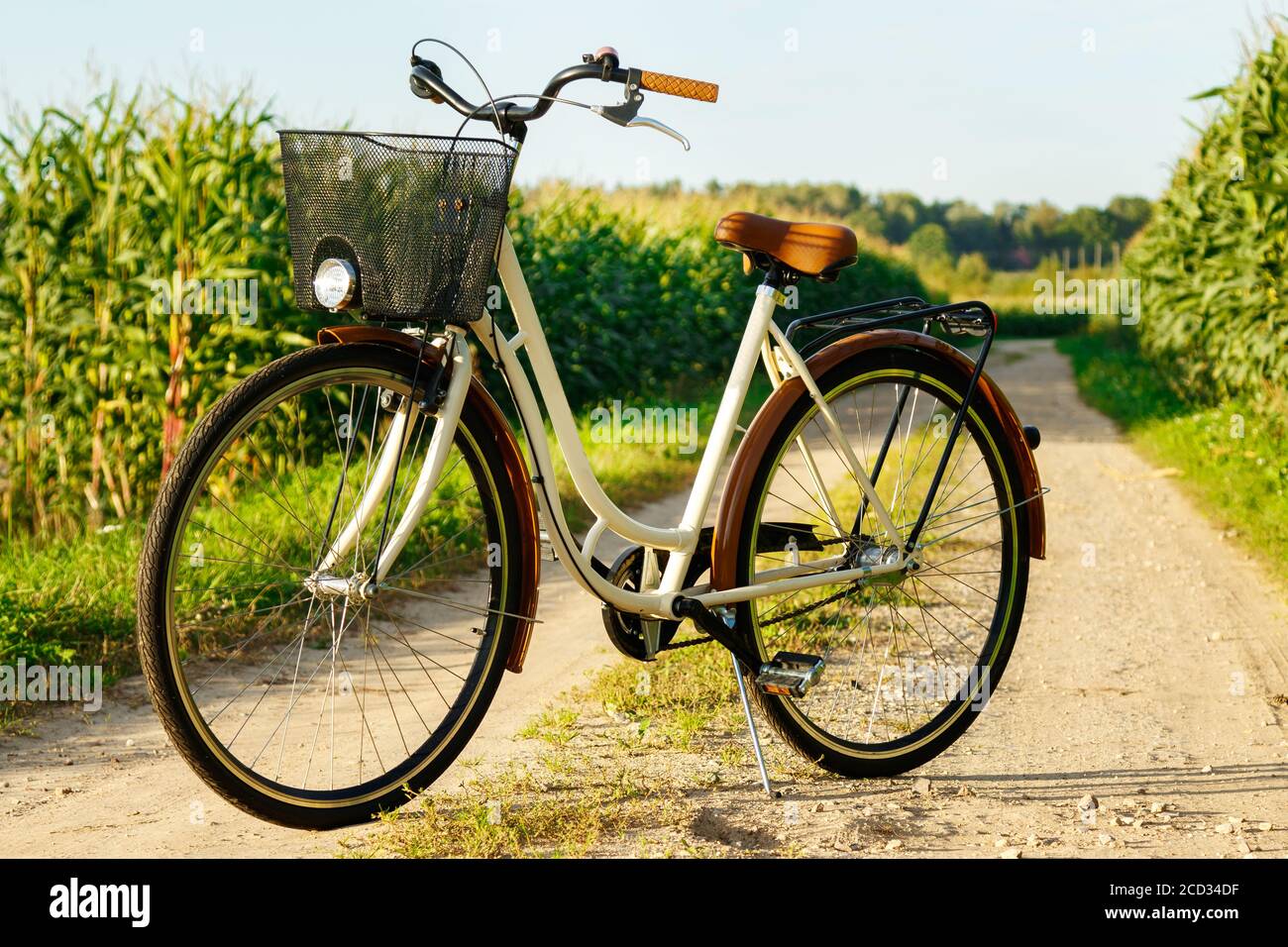 Classic styled bicycle on the country road in the corn field Stock ...