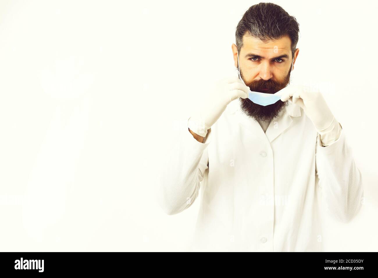 Bearded man, long beard. Brutal caucasian doctor or unshaven hipster ...