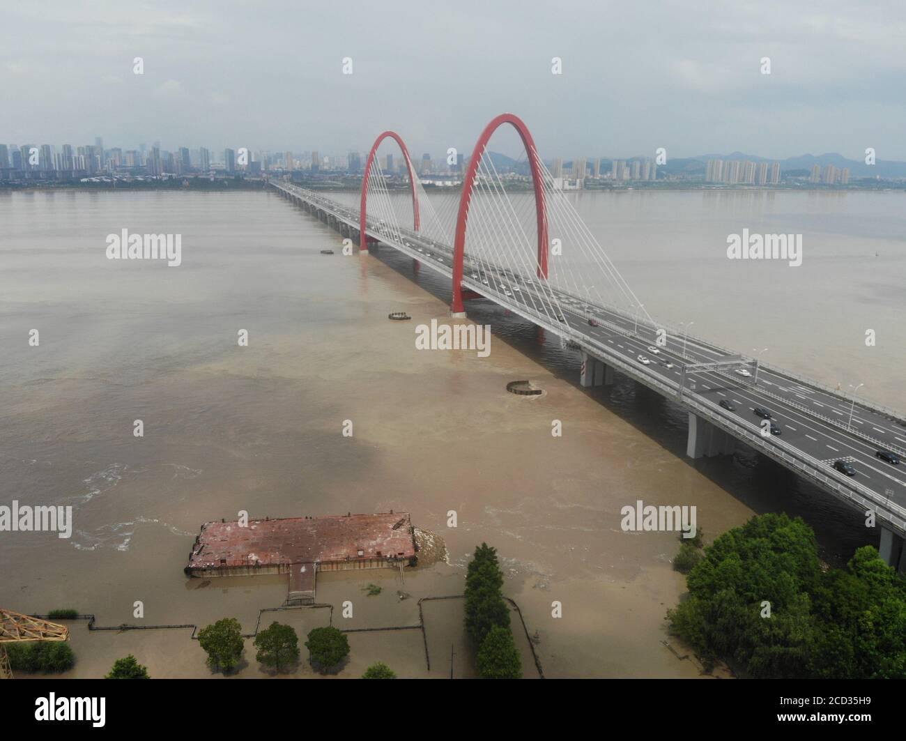 Aerial view of the Qiantang River and the Zhijiang Bridge in Hangzhou ...