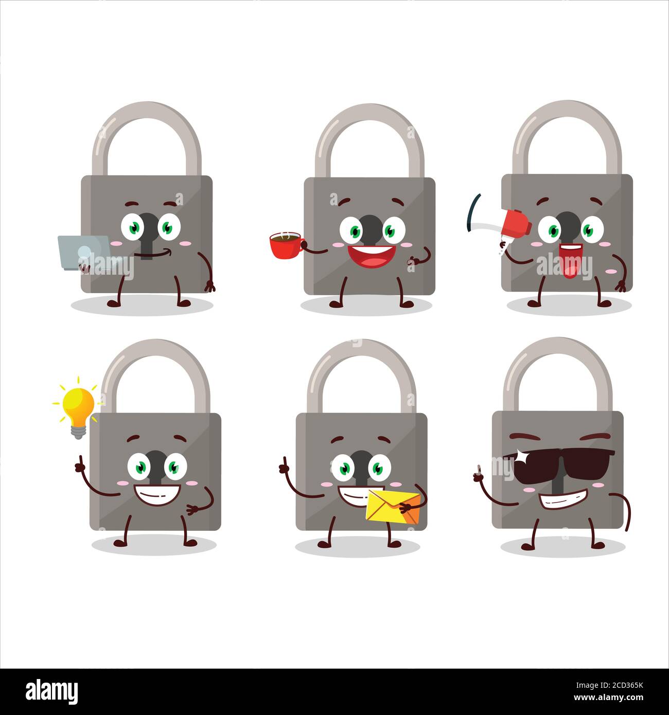 Lock cartoon character with various types of business emoticons Stock ...