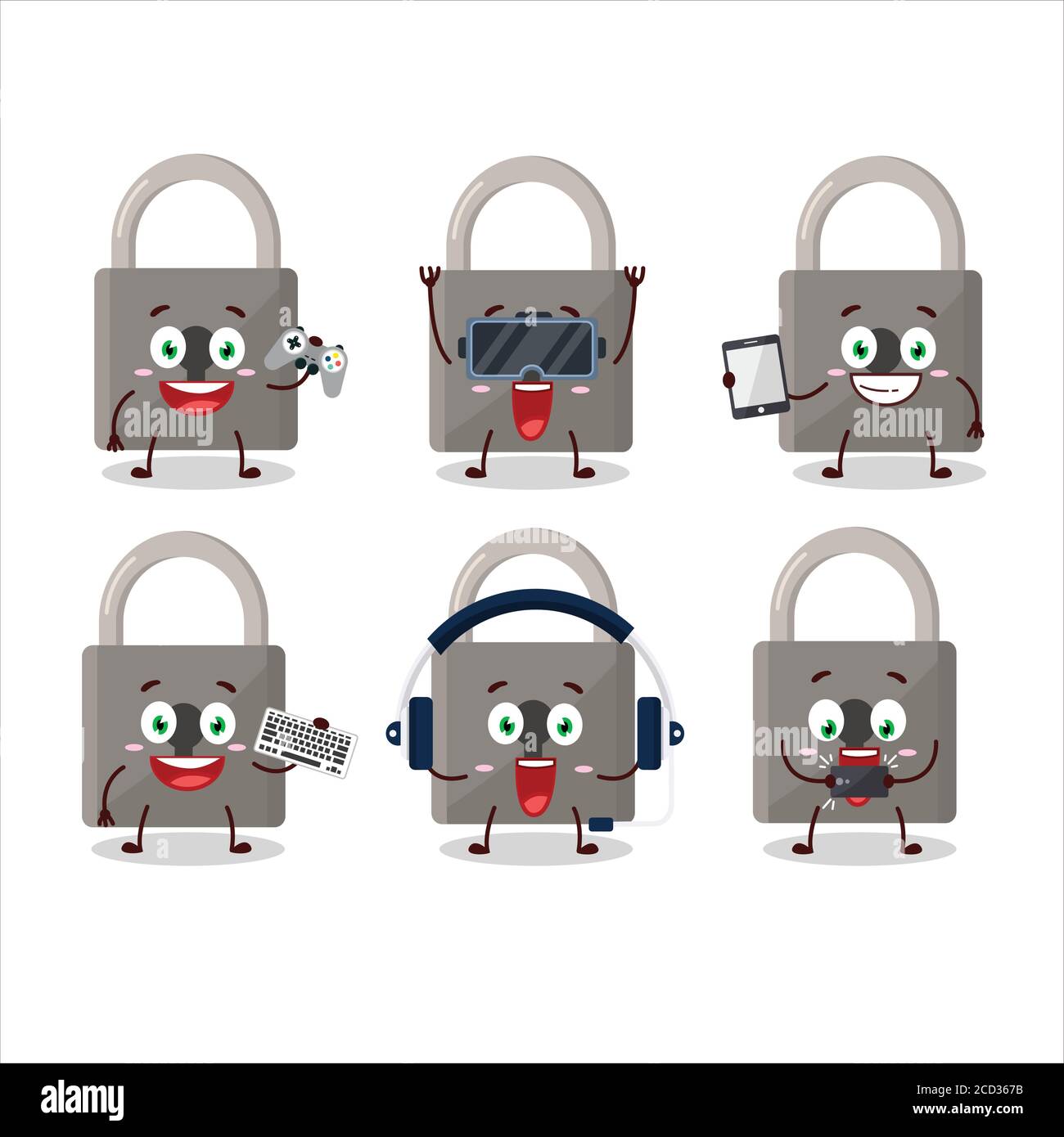 Lock cartoon character are playing games with various cute emoticons ...