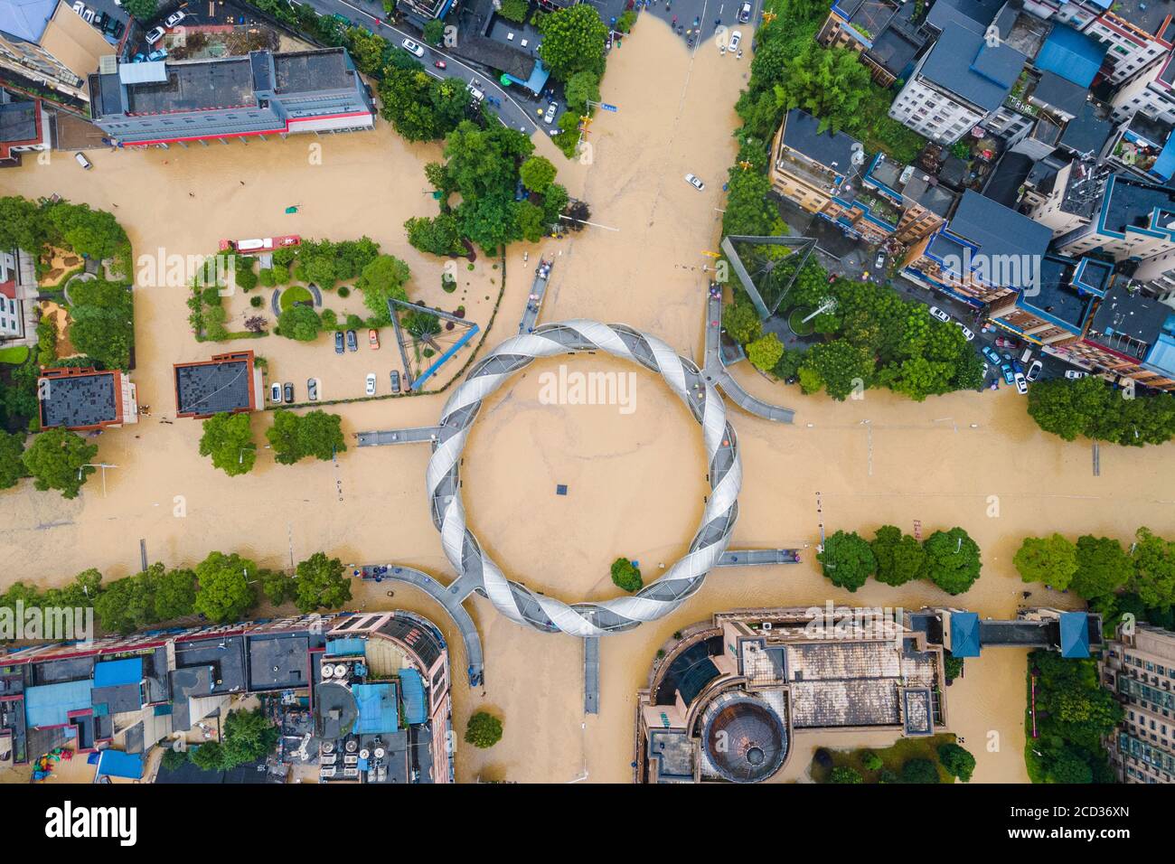 Aerial view of villages and road flooded by heavy rainfall in Xiangxi ...