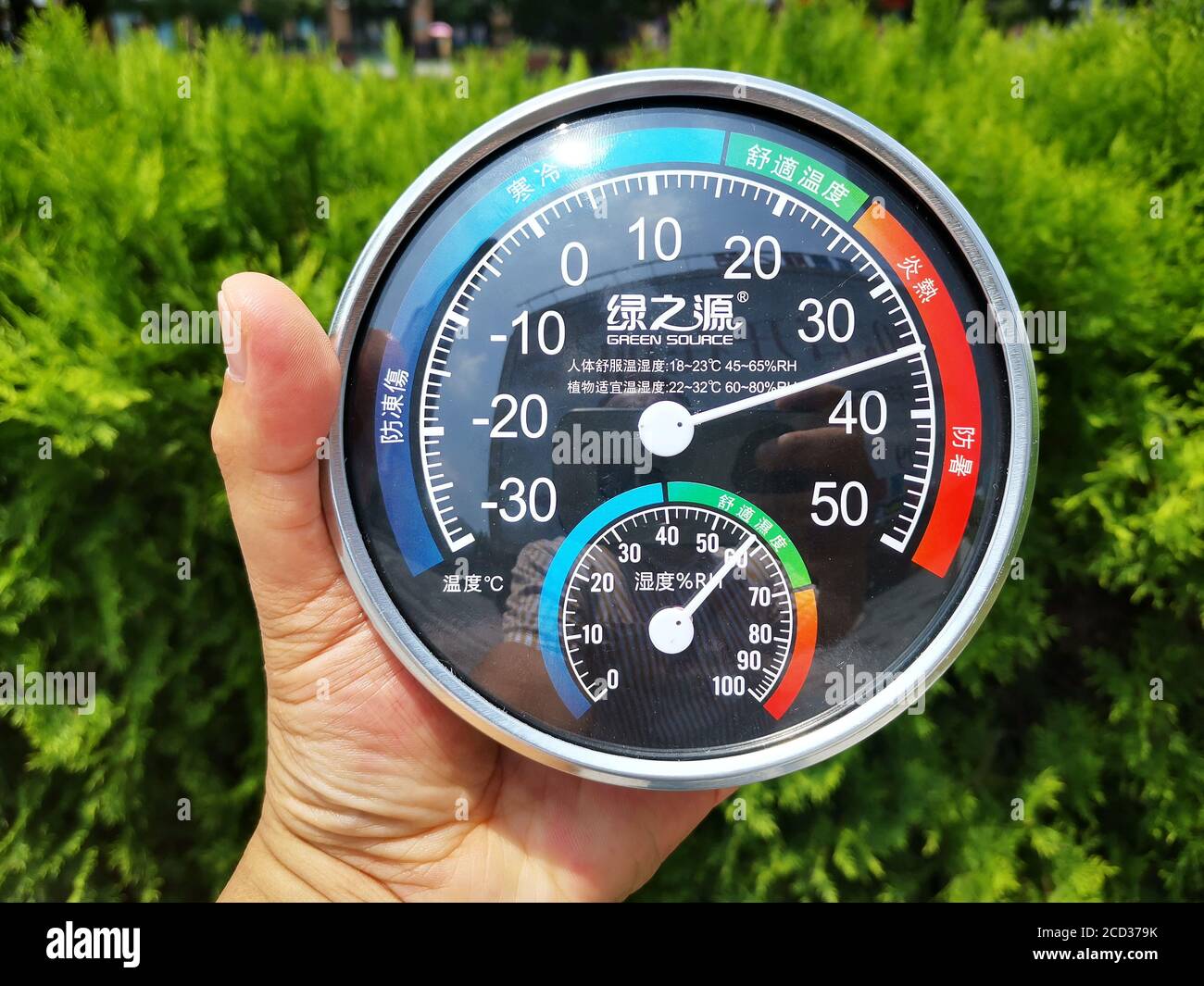 Thermometer shows that the outdoor temperature is over 35 degrees ...