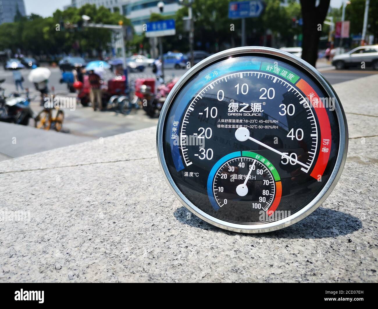 Thermometer shows that the outdoor temperature is over 35 degrees ...