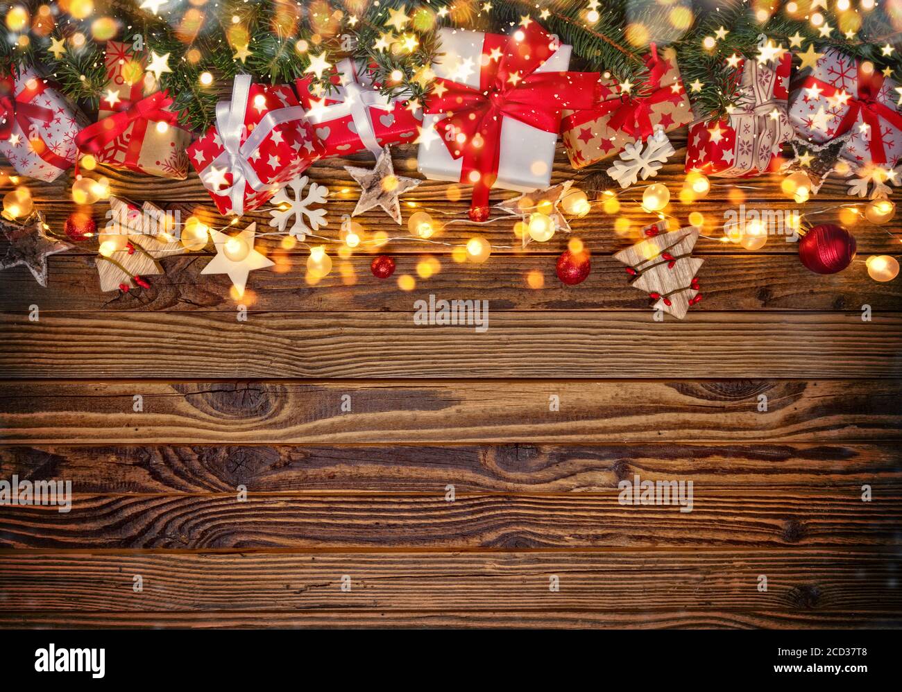 Decorative Christmas rustic background with wooden planks. Free space ...