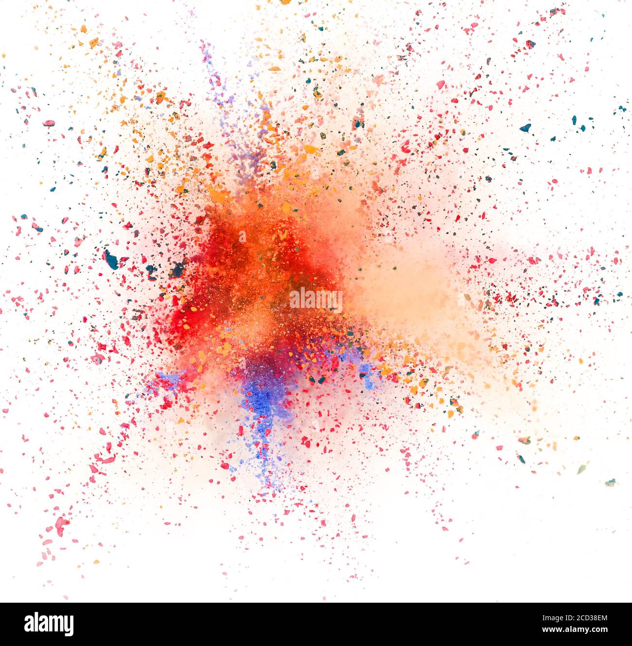 Explosion of coloured powder isolated on white background. Abstract ...
