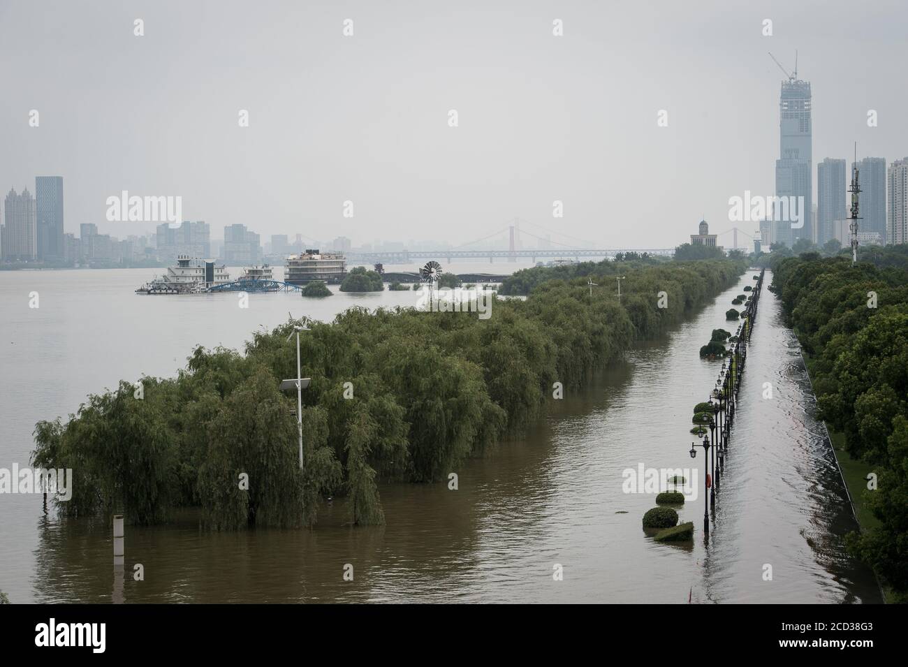 An aerial view of waterlogged street along the Yangtze River after the ...