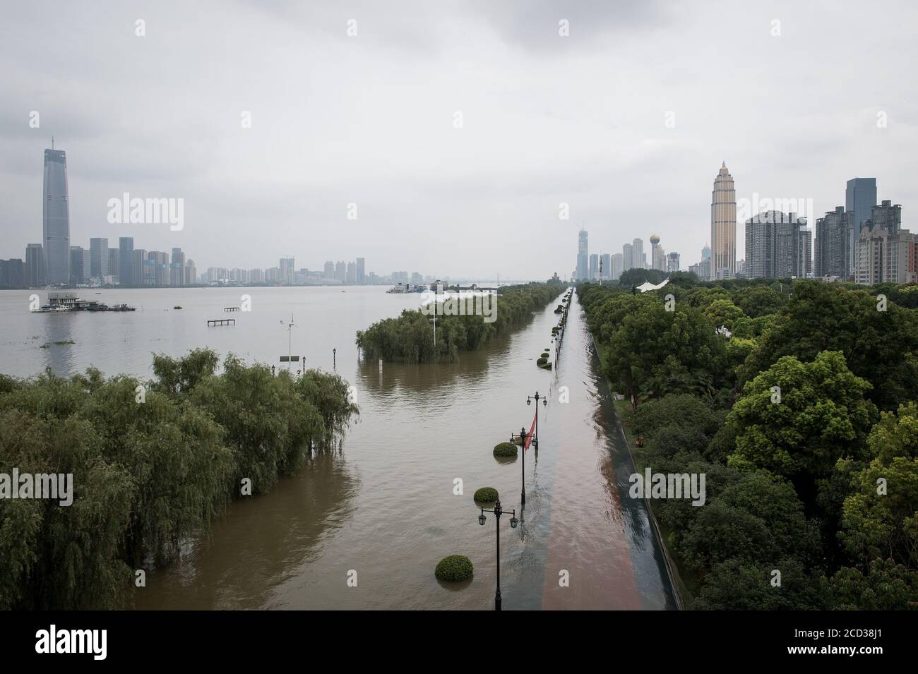 An aerial view of waterlogged street along the Yangtze River after the ...