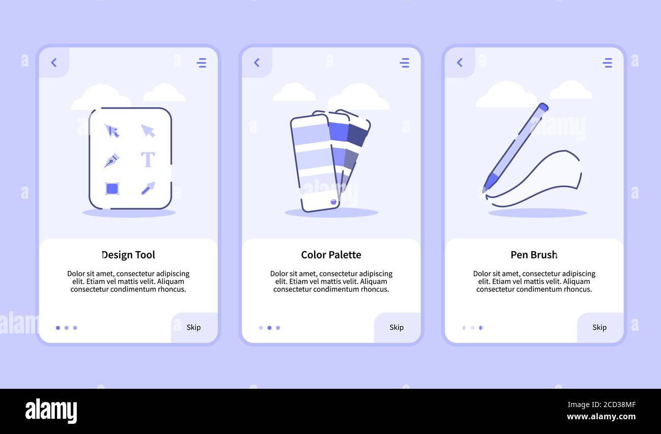 Design tool color palette pen brush onboarding screen for mobile apps ...