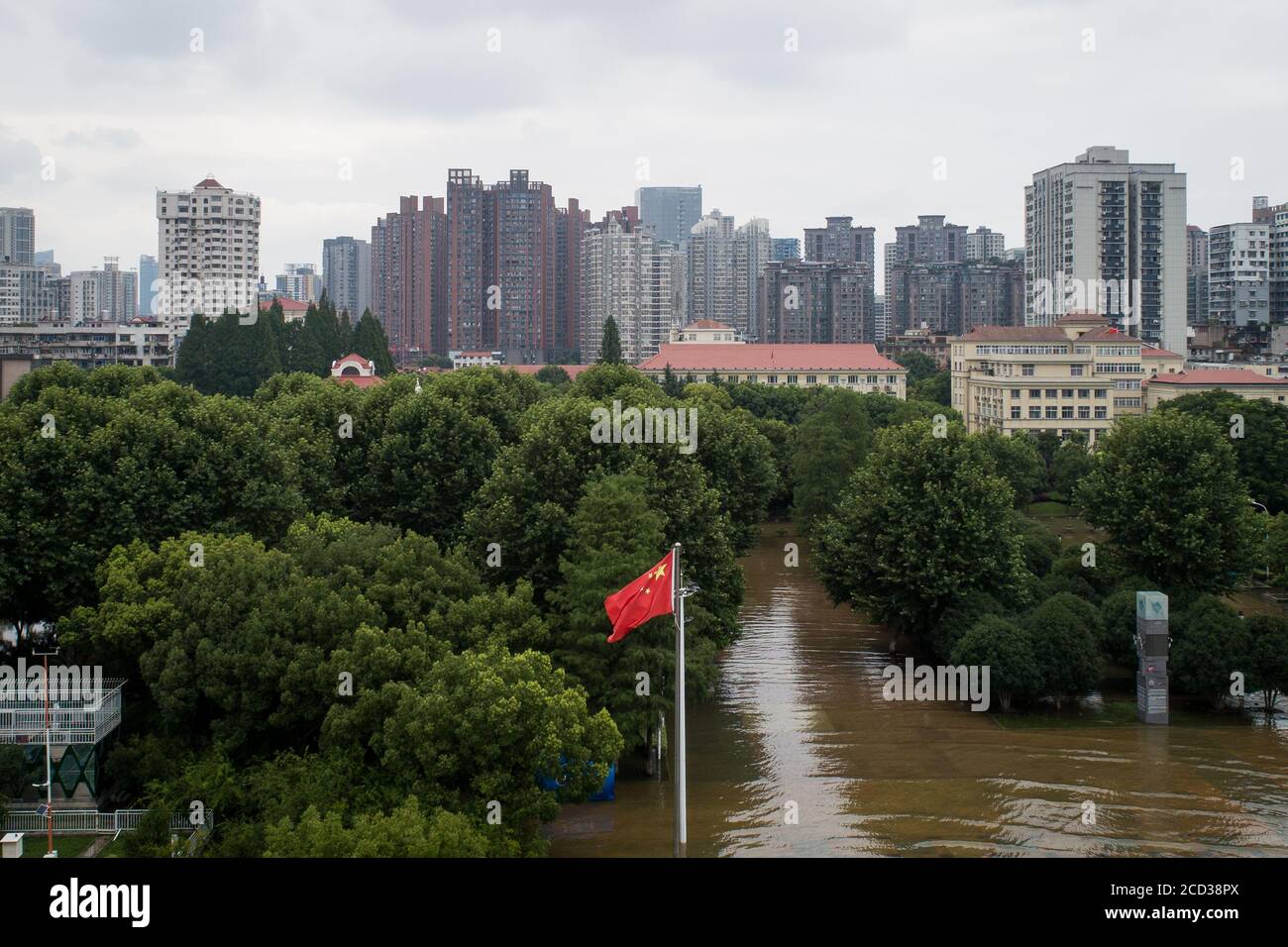 An aerial view of waterlogged street along the Yangtze River after the ...