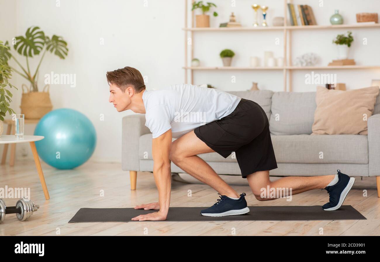 Fitness workout, stretching, exercises online at home. Concentrated on ...