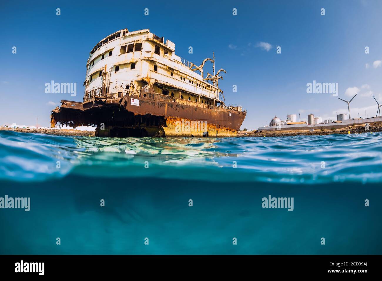 Telamon wreck ship in blue ocean near coasline. Arrecife, Lanzarote ...