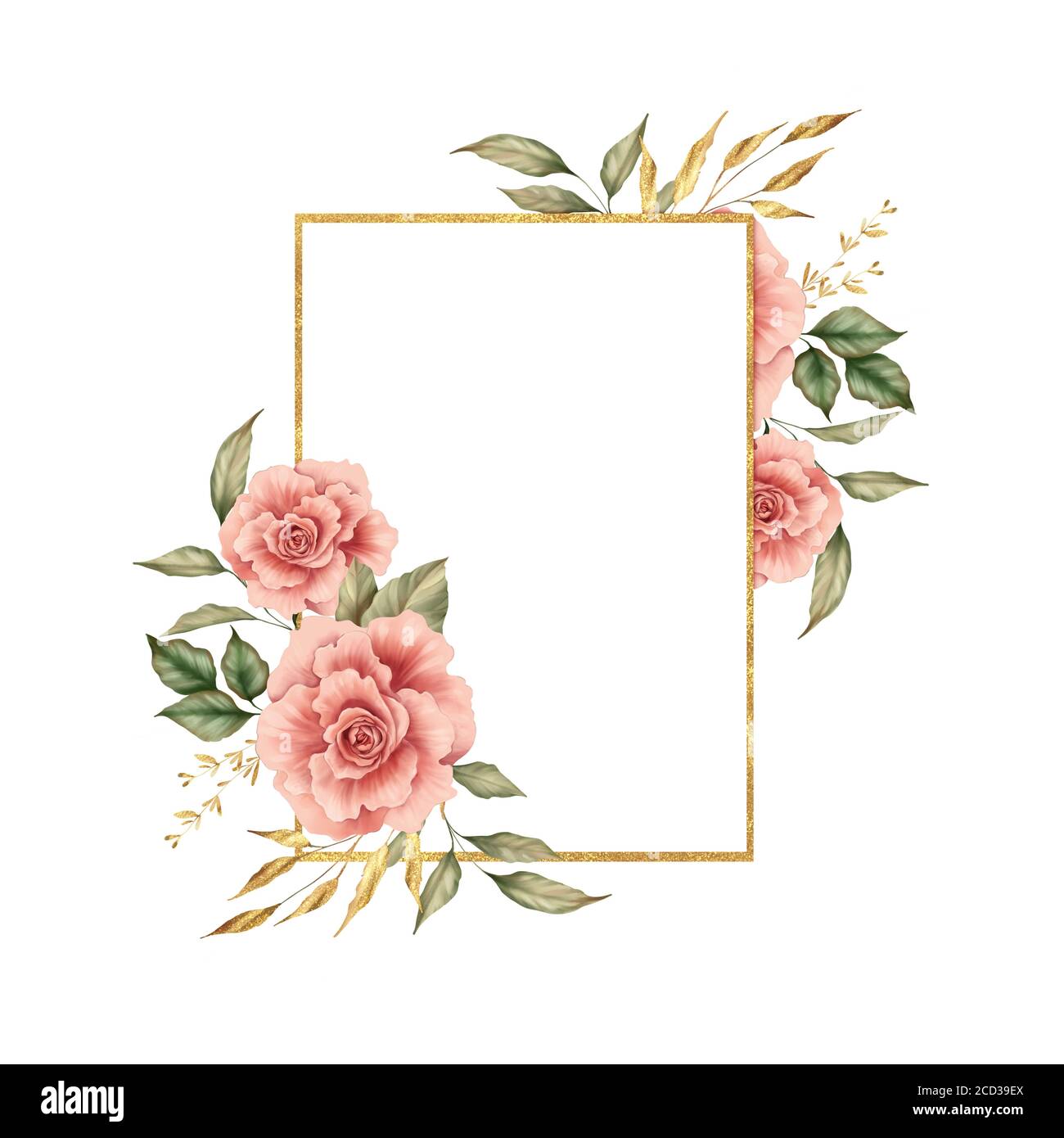 Watercolor roses flowers and gold frame Stock Photo - Alamy