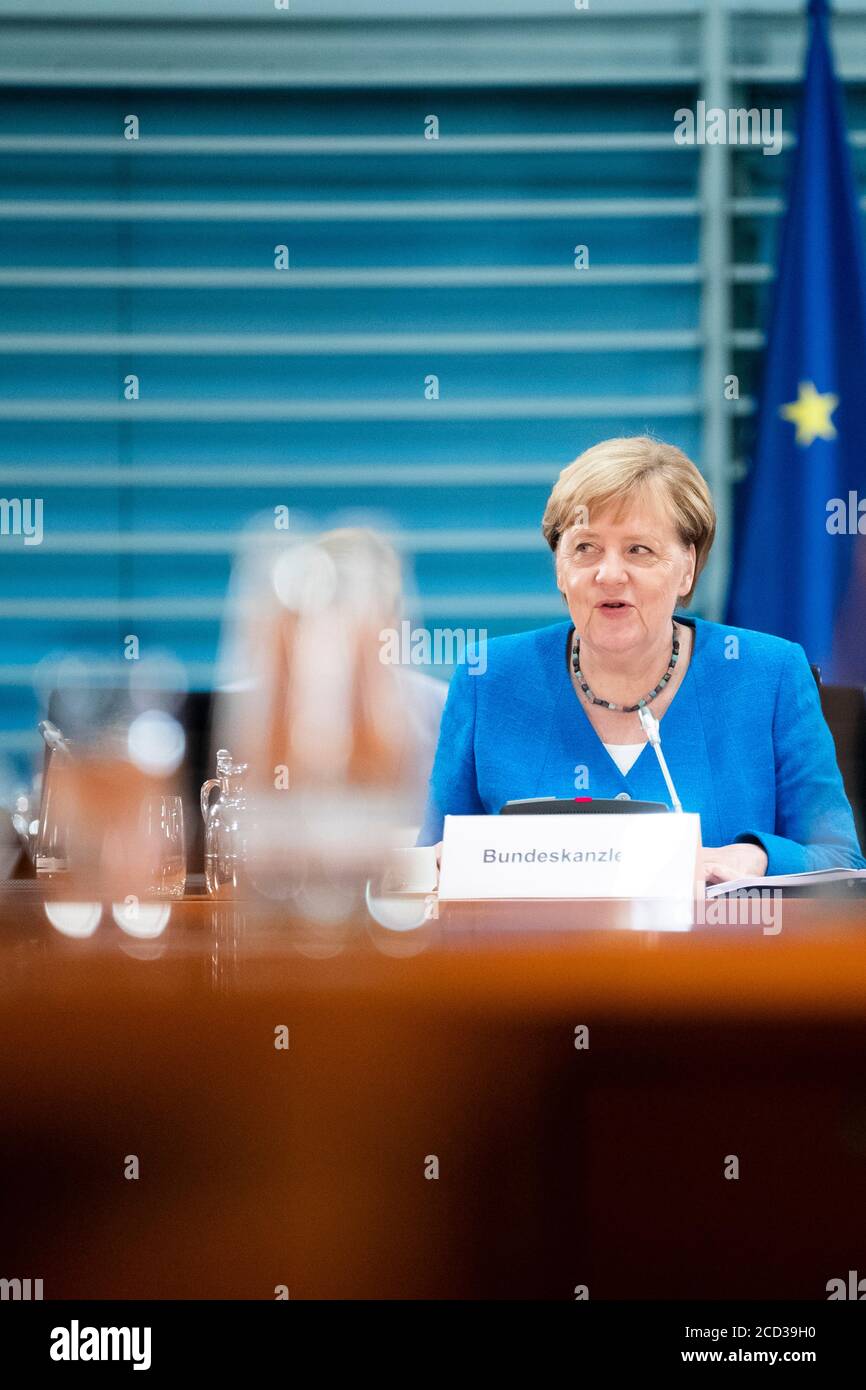Berlin, Germany. 26th Aug, 2020. Chancellor Angela Merkel (CDU) sits in ...