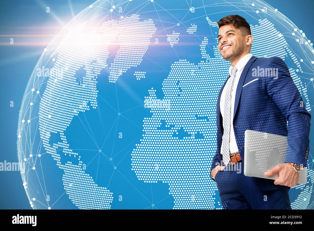 Global Business Technologies And Blockchain. Confident businessman over ...