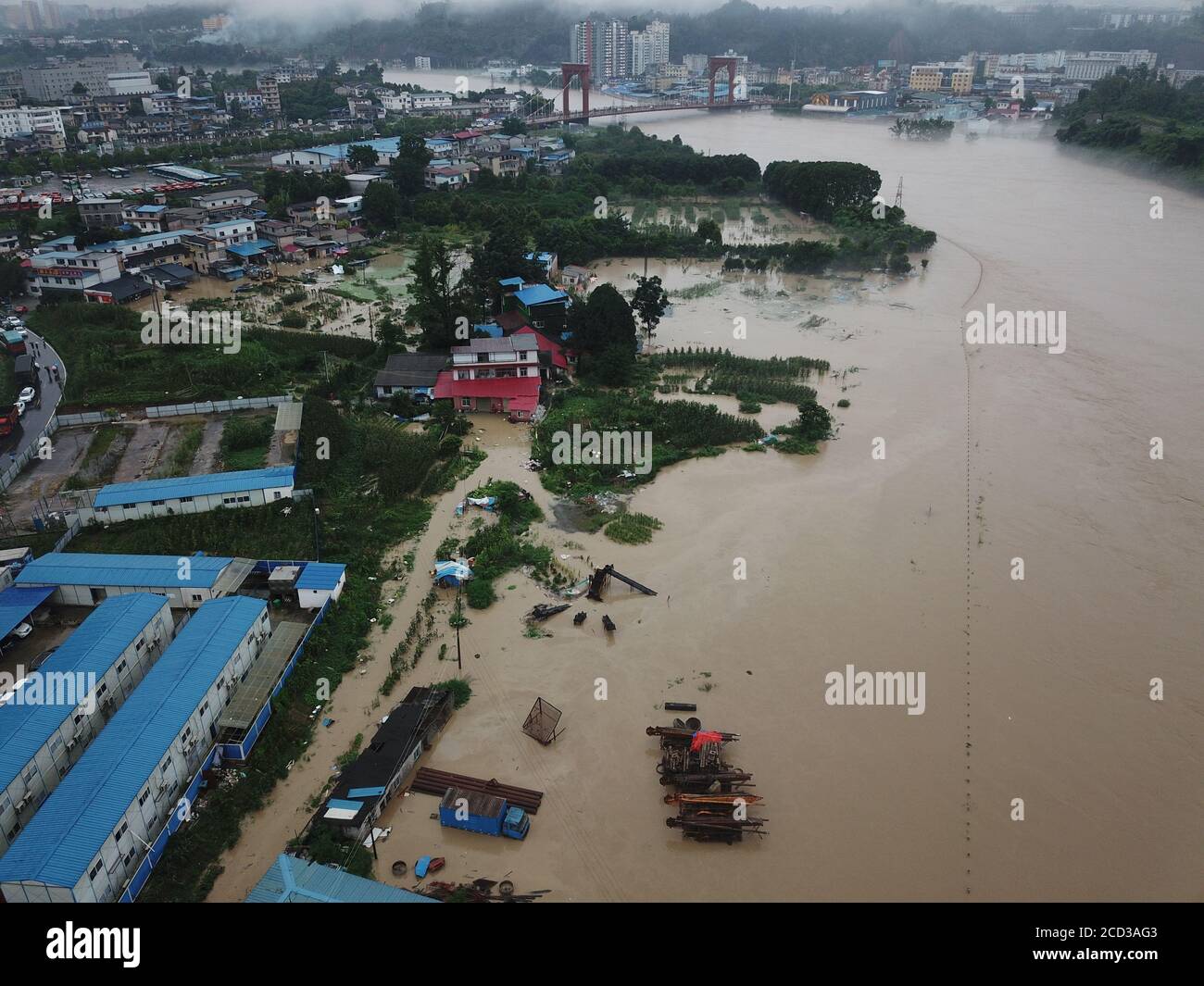 Aerial view of residential buildings in the city flooded by surging ...