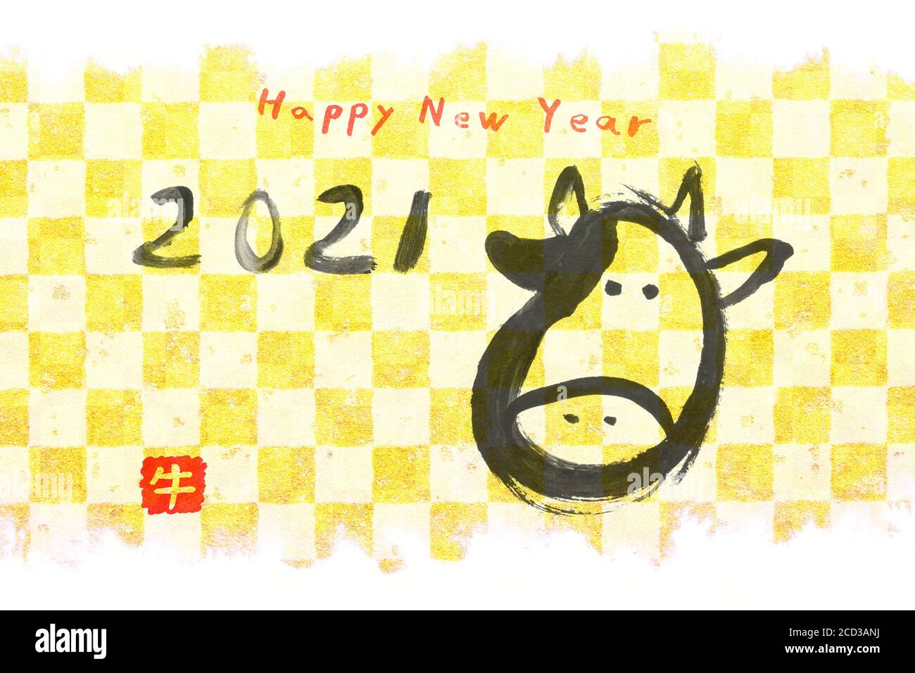 year of the ox, hand paint black ink stroke image on gold check paper ...