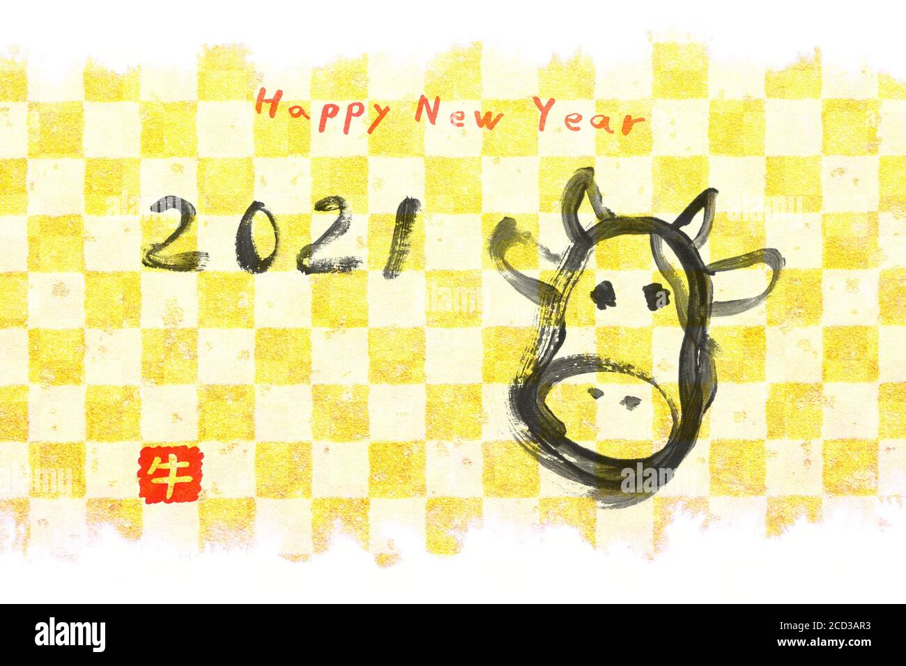 year of the ox, hand paint black ink stroke image on gold check paper ...