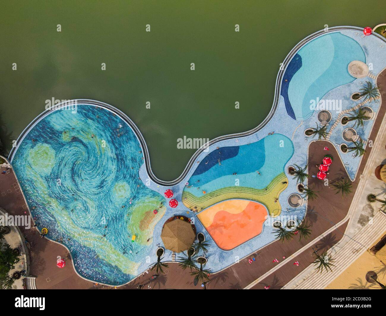 Aerial view of Sichuan's biggest outdoor swimming pool that is paved ...
