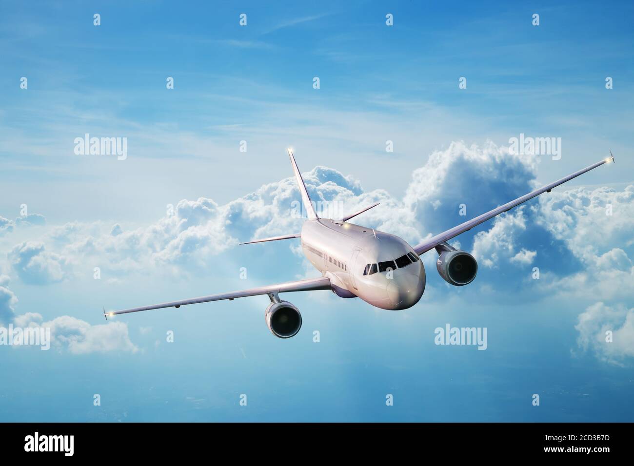 Commercial airplane jetliner flying above clouds. Transportaton and ...