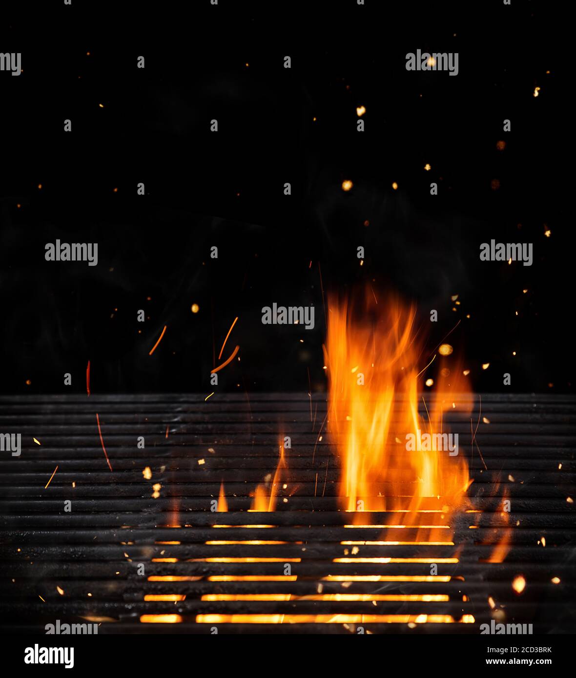 Empty grill with cast-iron and flames, ideal for product placement ...
