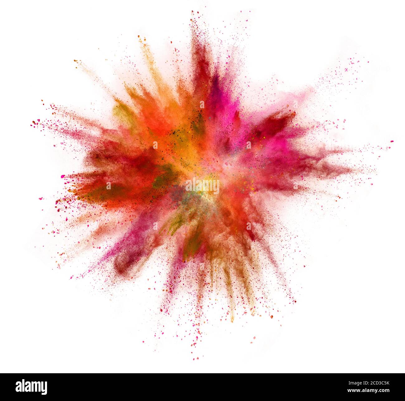 Explosion of coloured powder isolated on white background. Abstract ...