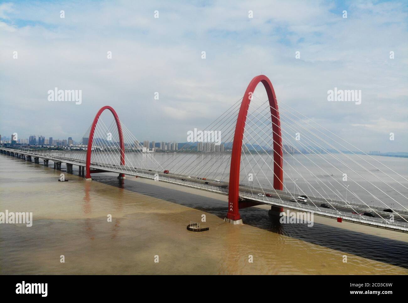 Aerial view of the Qiantang River and the Zhijiang Bridge in Hangzhou ...