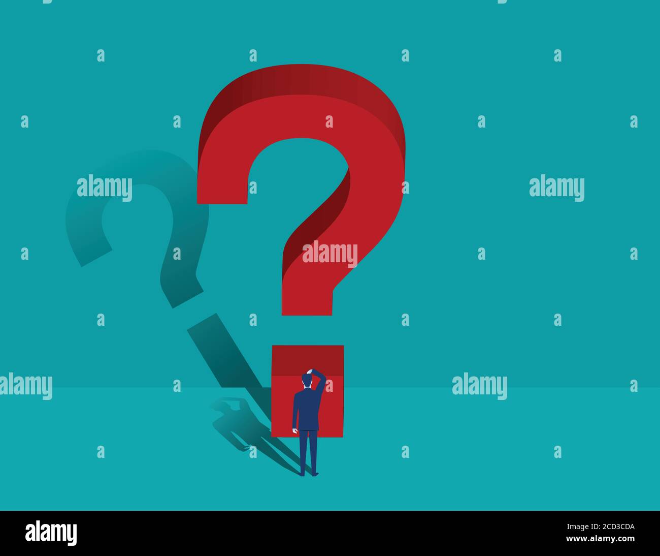 Businessman standing in front of a huge question mark. Concept business ...