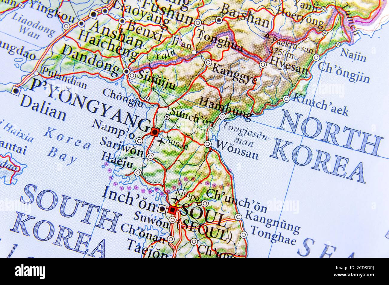 Geographic map of South Korea and North Korea with important cities ...