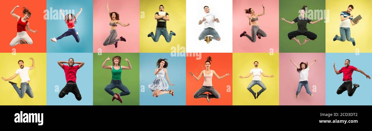 Collage of portraits of 9 young jumping people on multicolored ...