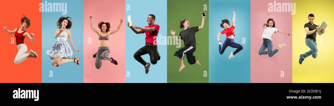 Collage of portraits of 7 young jumping people on multicolored ...